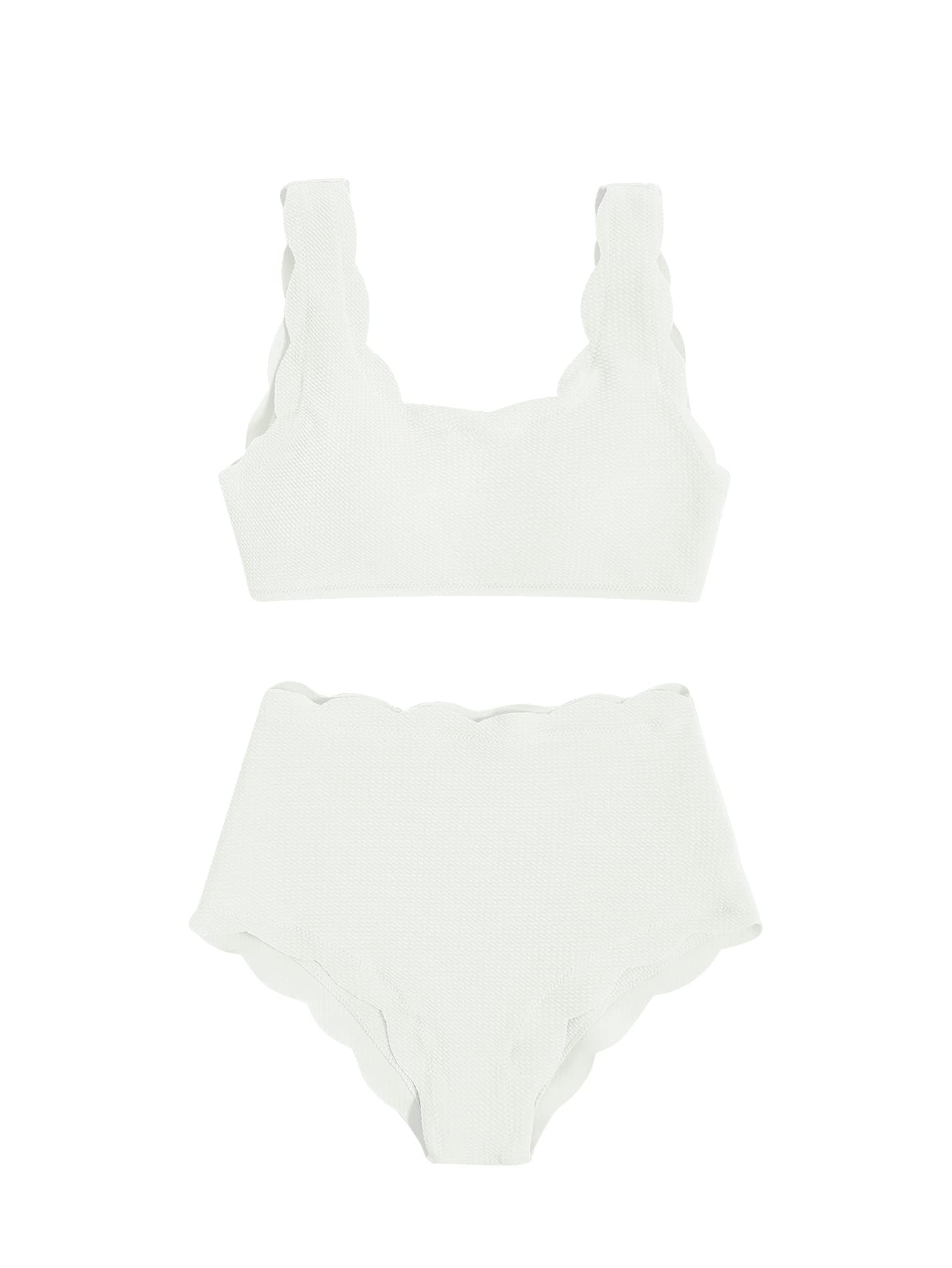 SweatyRocks Women's 2 Pieces Swimsuit High Waist Scalloped Trim Lace Up Bikini Set Plain White L