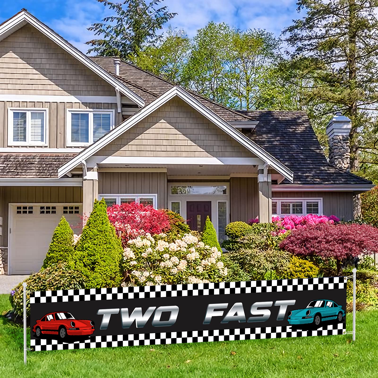 Black And White Two Fast Large Banner Sign Backdrop,Happy 2nd Birthday Party Banner,Happy 2 Years Old Birthday Party Decor,Checkerboard 2 Years Old Banner 9.8x1.6ft