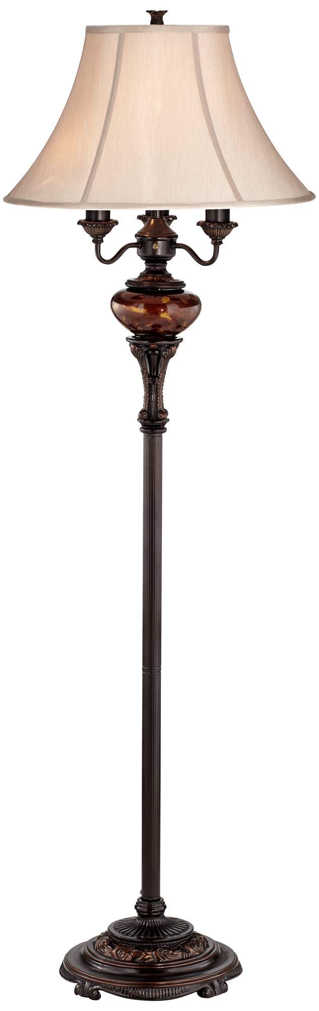 Barnes and Ivy Traditional Standing Floor Lamp Multi 4-Light 63" Tall Antique Bronze Copper Gold Tortoise Glass Font Fabric Bell Shade Candelabra Decor for Living Room Reading House Bedroom