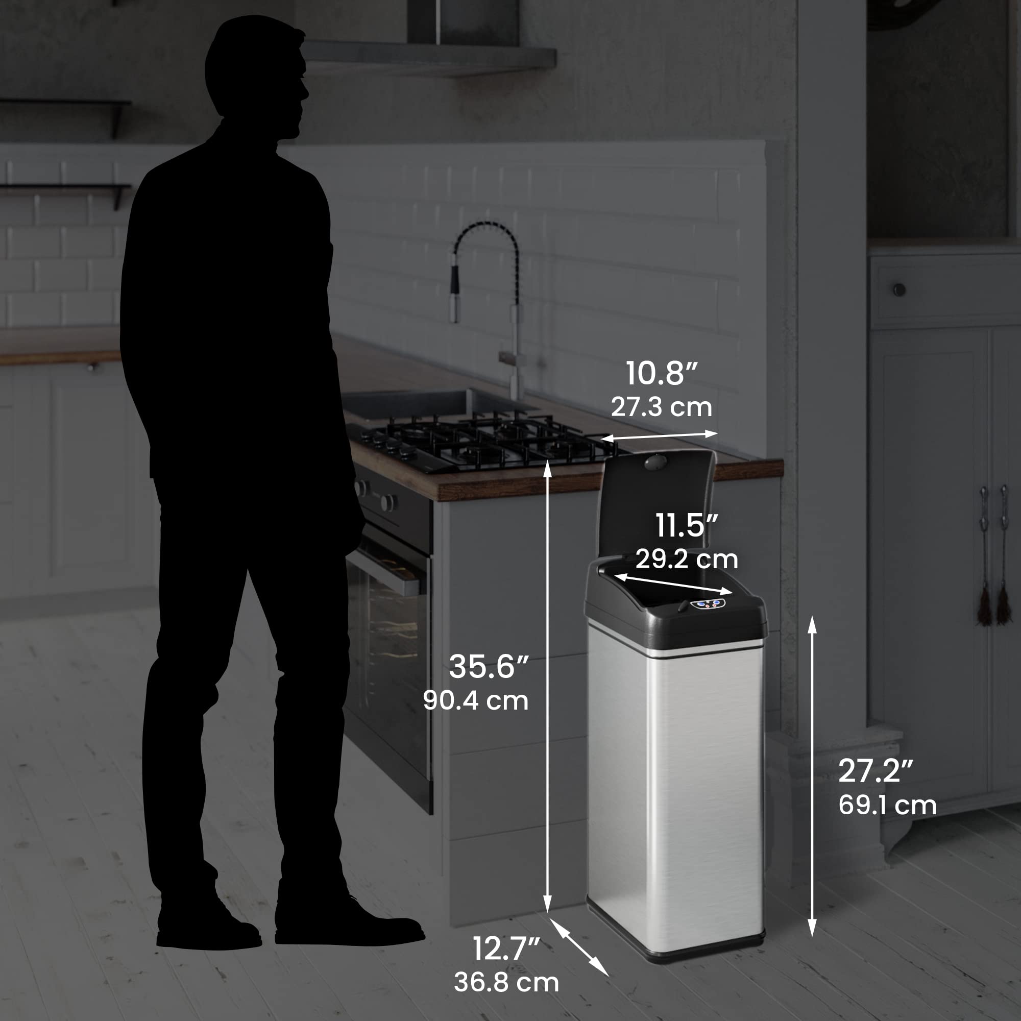 iTouchless 13 Gallon Sensor Trash Can with Odor Control System, Stainless Steel, Auotmatic Touchless Garbage Can for Kitchen and Office (Base Version - No AC Adapter)
