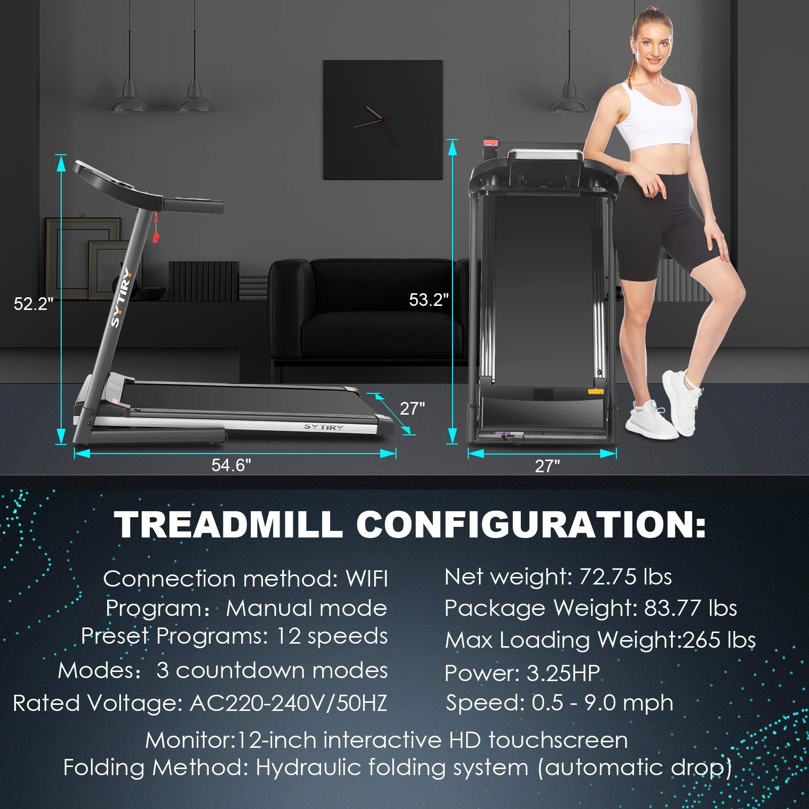 sytiry Treadmill with Large 10'' HD TV Touchscreen,Folding 3.25HP Brushless Motorand Incline Treadmills,WiFi Connection,3D Virtual Sports Scene,YouTube,Bluetooth Speakers etc,Treadmill for Gym