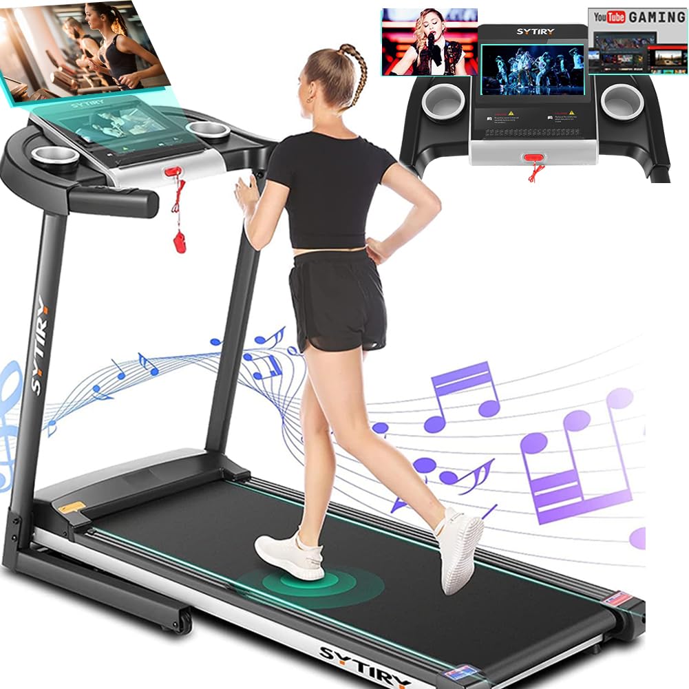 sytiry Treadmill with Large 10'' HD TV Touchscreen,Folding 3.25HP Brushless Motorand Incline Treadmills,WiFi Connection,3D Virtual Sports Scene,YouTube,Bluetooth Speakers etc,Treadmill for Gym