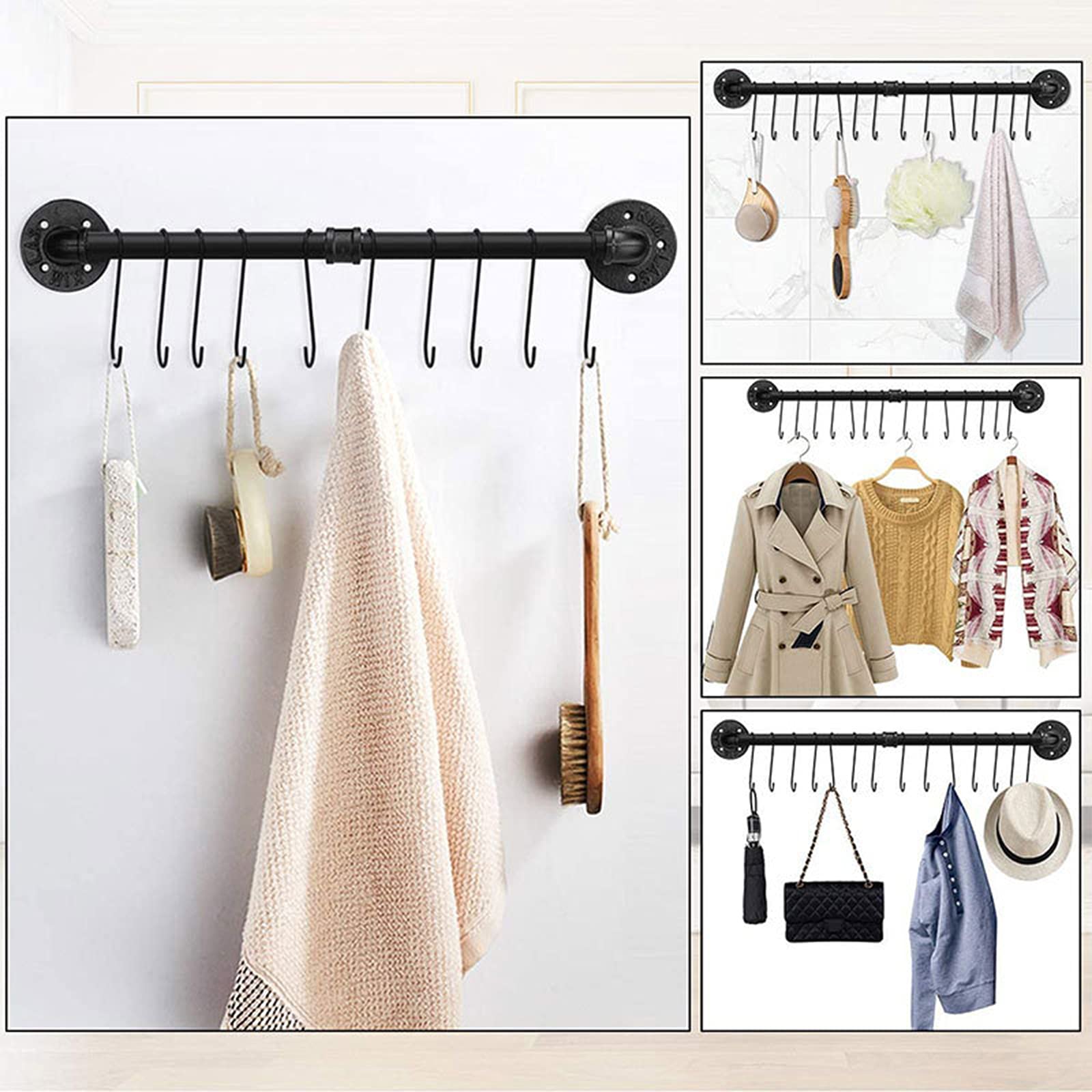 Tysun 47.4 Inch Industrial Pipe Pan Pot Rack Wall Mounted Iron Pipe Kitchen Hanging Rail Kitchen Utensil Cookware Holder Storage Organizer with 15 S Hooks