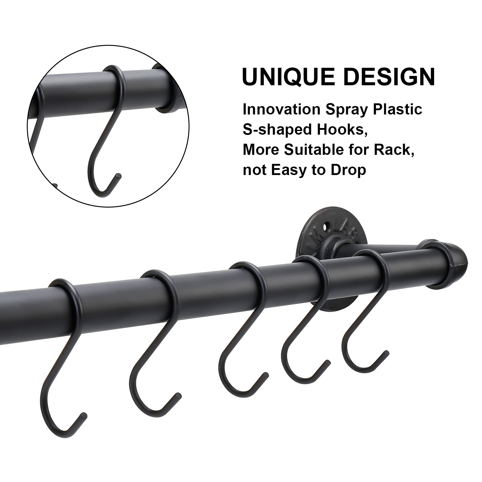Tysun 47.4 Inch Industrial Pipe Pan Pot Rack Wall Mounted Iron Pipe Kitchen Hanging Rail Kitchen Utensil Cookware Holder Storage Organizer with 15 S Hooks
