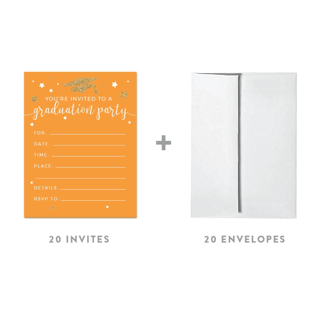 Andaz Press Orange and Gold Glittering Graduation Party Collection, Blank Invitations with Envelopes, 20-Pack