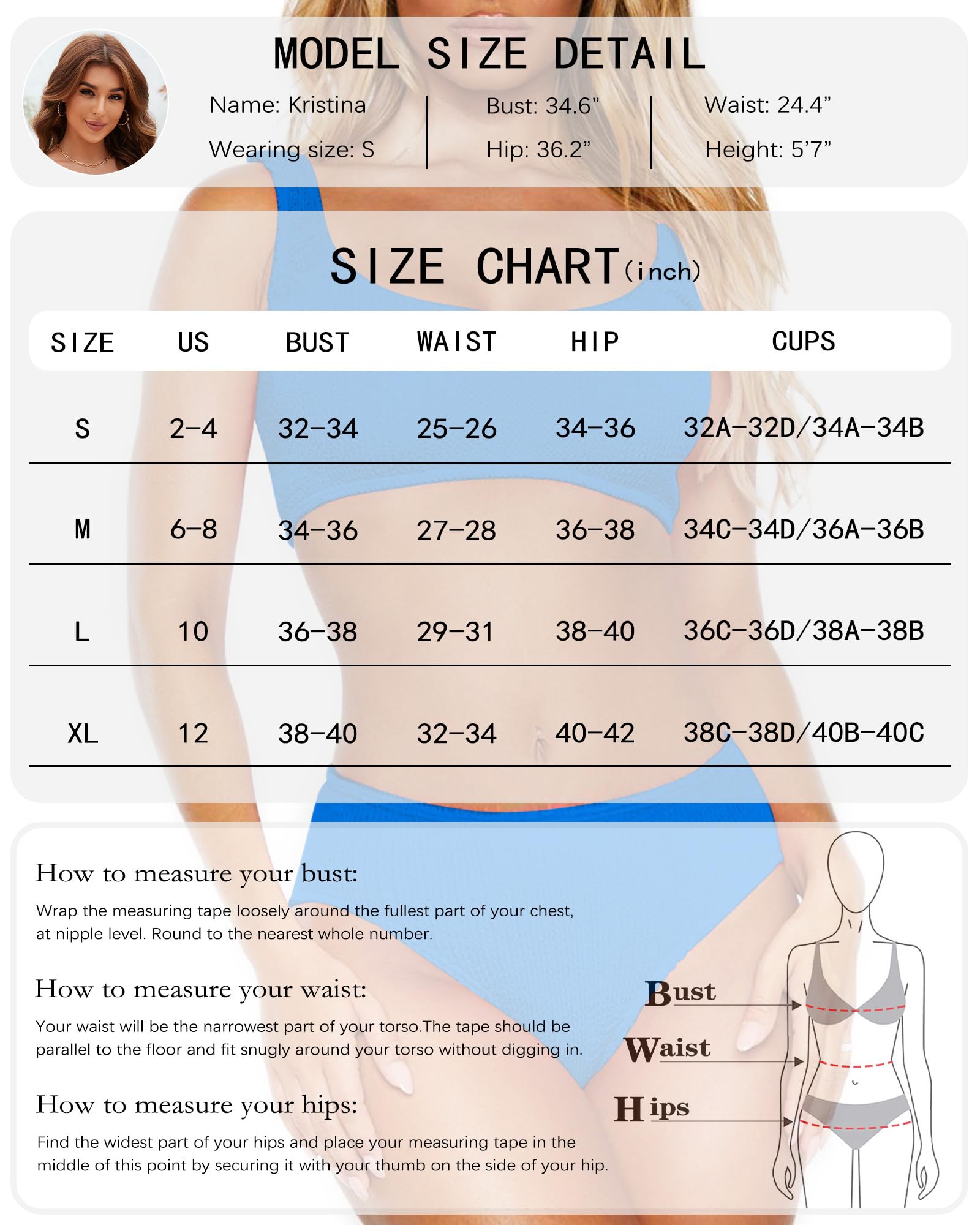 DaiLiWei Womens High Waisted Swimsuits Two Piece Sports Bathing Suits Padded Crop Top Ribbed Bikini Sets Full Coverage Bottom Blue