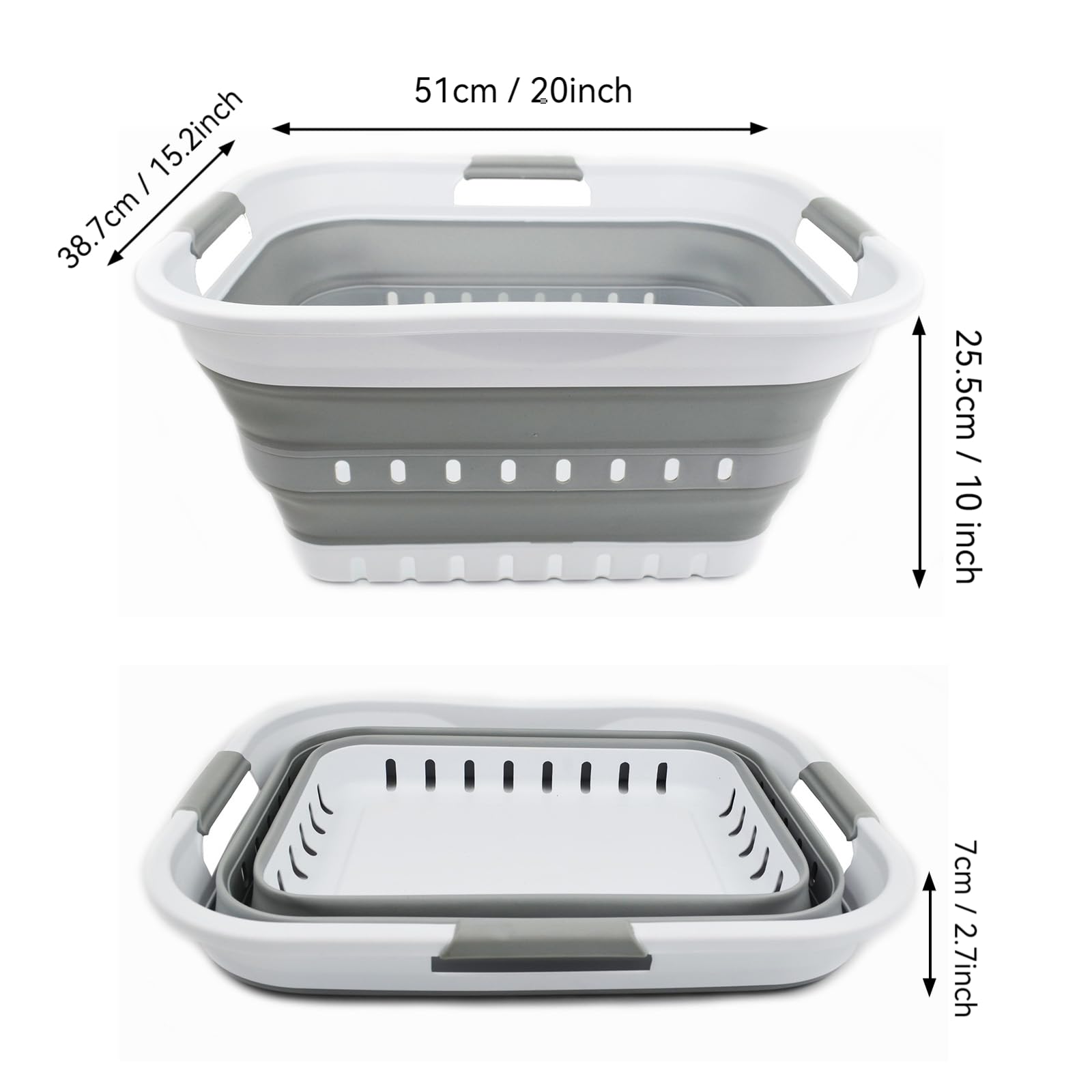 SAMMART 30L (8 gallon) Collapsible 3 Handled Plastic Laundry Basket - Foldable Pop Up Storage Container/Organizer - Space Saving Hamper/Basket (White/Grey)
