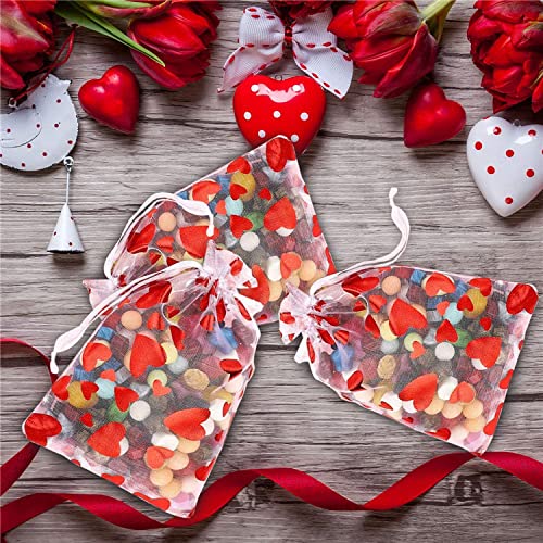 Moonear Heart Candy Bag Organza Jewelry Pouches, Valentine's Drawstring Gift Pouch for Valentine's Day Wedding Party Favor(50pcs)