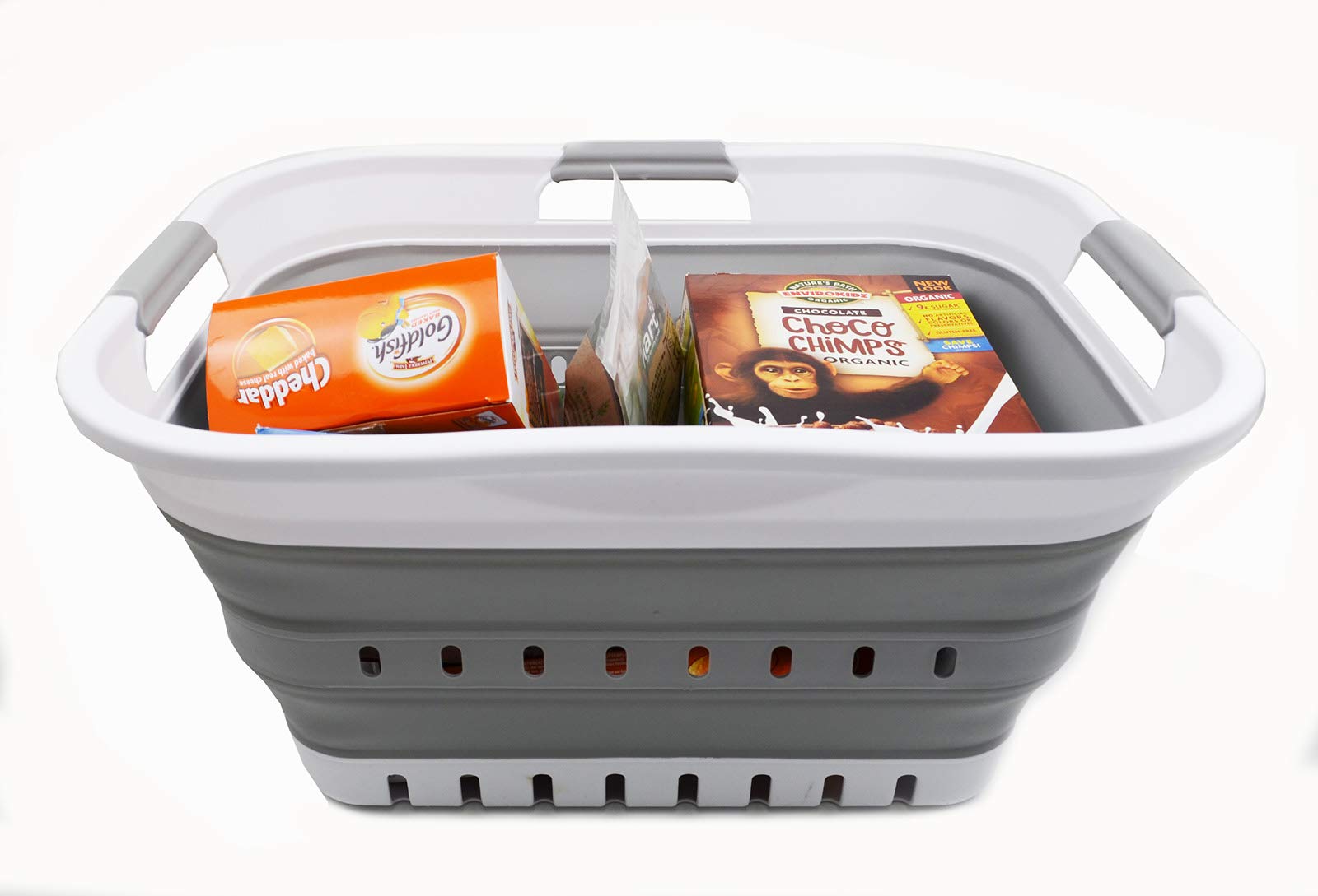 SAMMART 30L (8 gallon) Collapsible 3 Handled Plastic Laundry Basket - Foldable Pop Up Storage Container/Organizer - Space Saving Hamper/Basket (White/Grey)