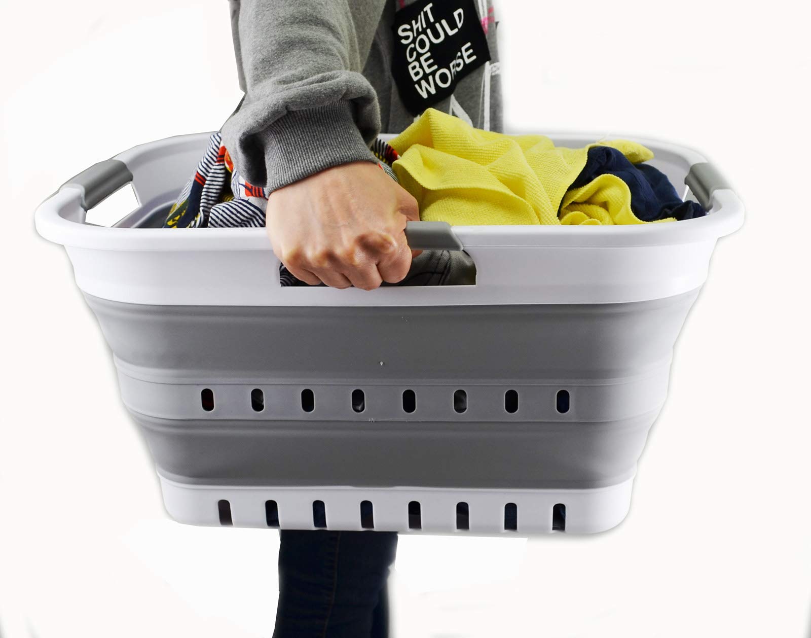 SAMMART 30L (8 gallon) Collapsible 3 Handled Plastic Laundry Basket - Foldable Pop Up Storage Container/Organizer - Space Saving Hamper/Basket (White/Grey)