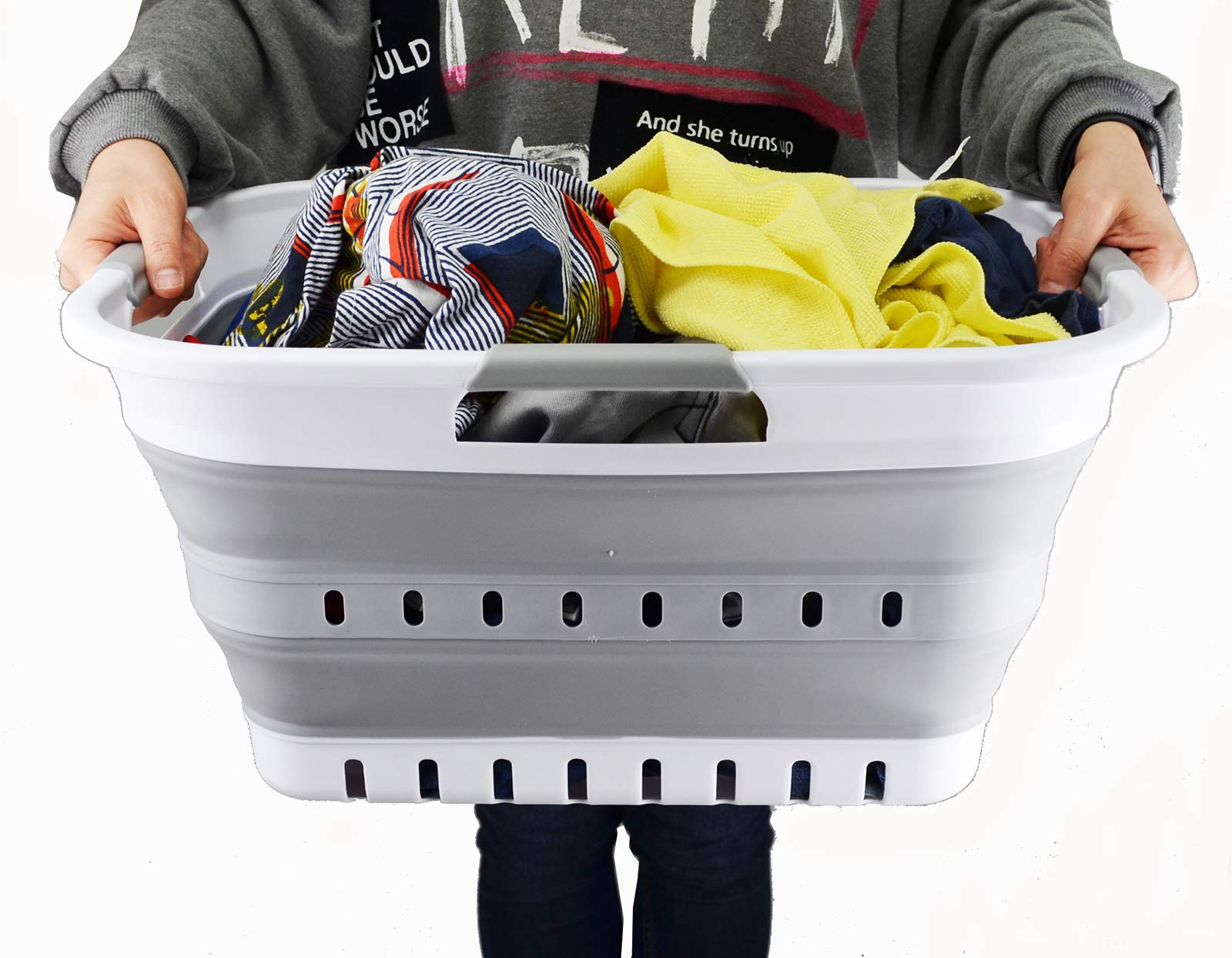 SAMMART 30L (8 gallon) Collapsible 3 Handled Plastic Laundry Basket - Foldable Pop Up Storage Container/Organizer - Space Saving Hamper/Basket (White/Grey)