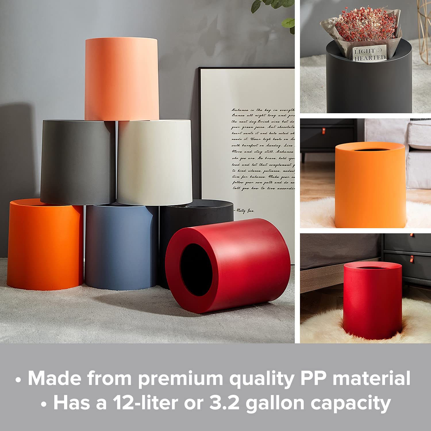 Modern Round Waste Basket - 3.2Gal/12.1L Open Top Trash Bin - Orange Garbage Can with Removable Plastic Bin Liner - Touchless Bathroom Garbage Can or Trash Can for Kitchen - Minimalist Office Trash Can