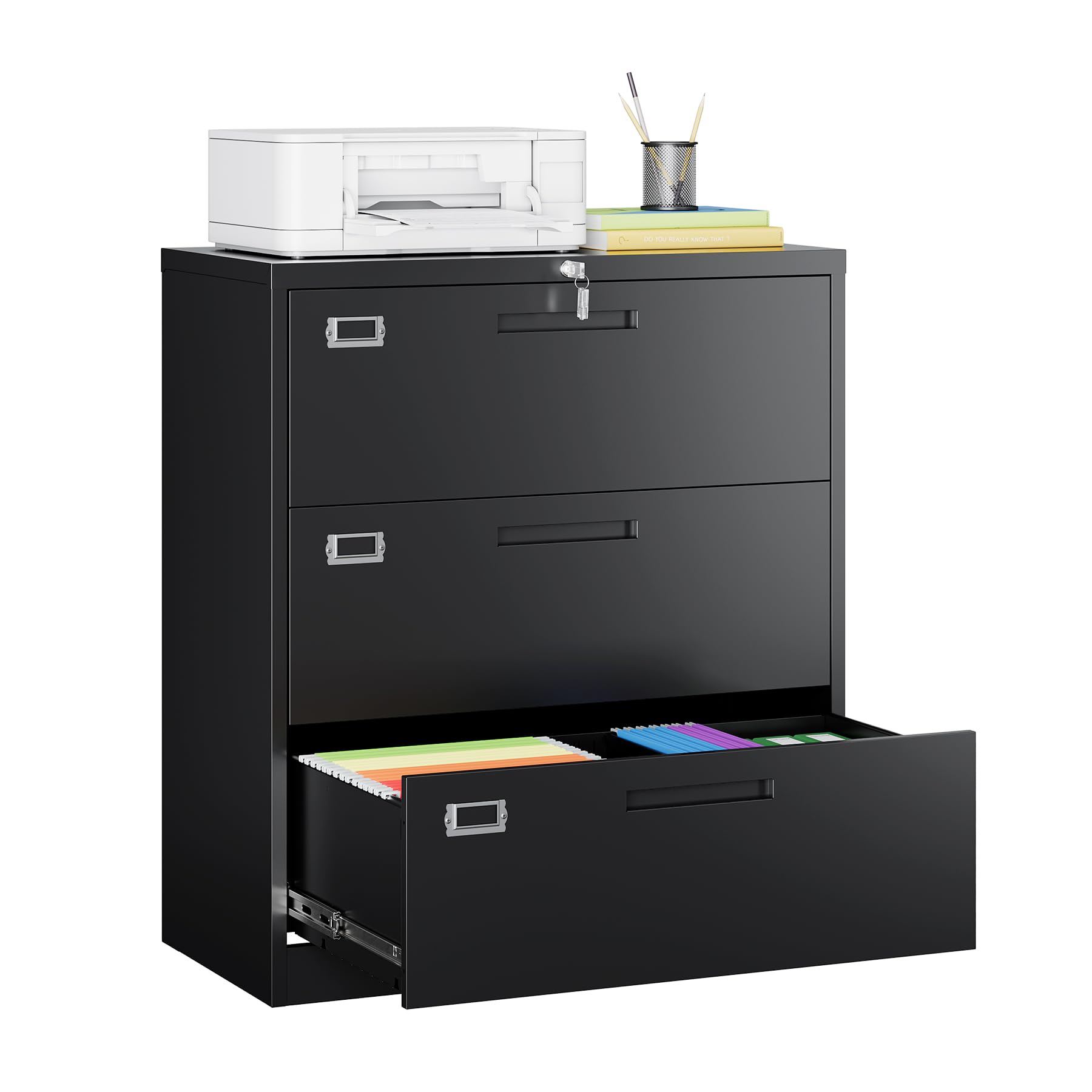 MIIIKO Lateral File Cabinet with Lock, 3 Drawer Lateral Filing Cabinet, Large Deep Drawers Locked by Keys, Metal Storage File Cabinet for Hanging Files Letter/Legal/F4/A4 Size