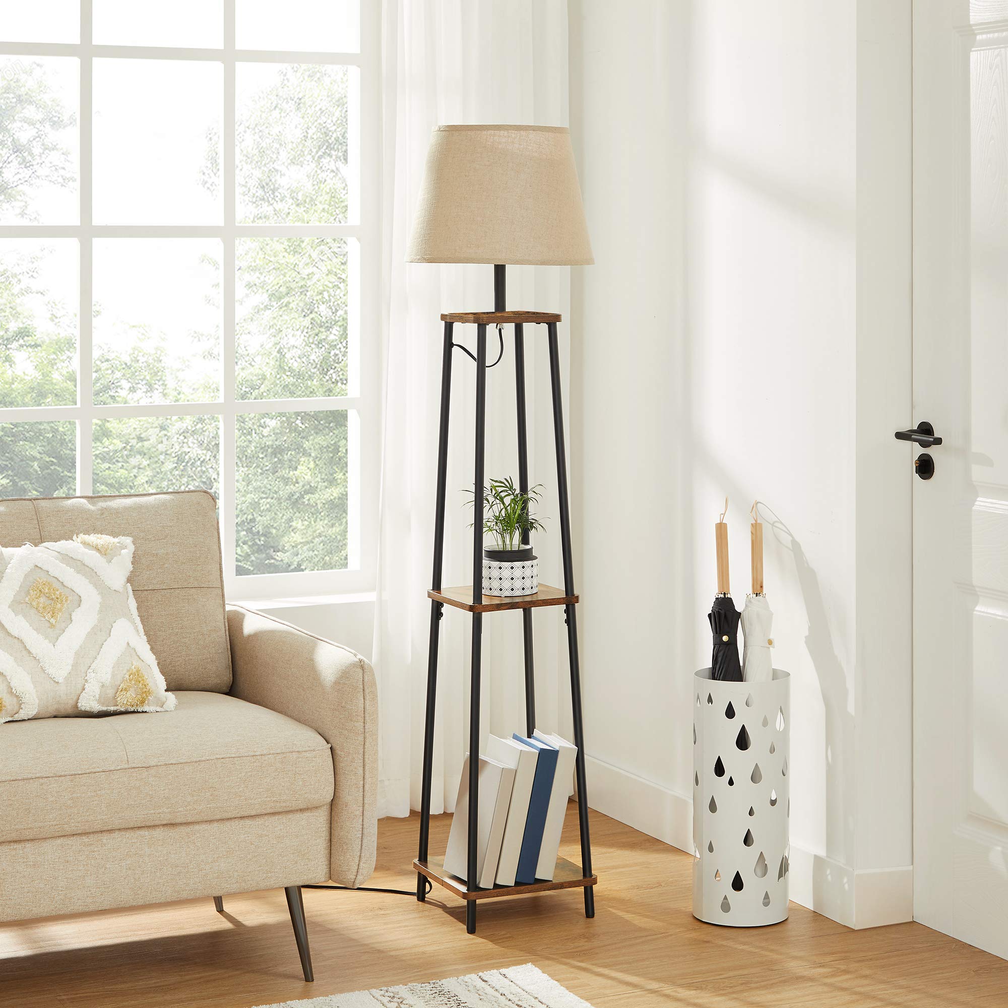 VASAGLE Floor Lamp with Shelves, Standing Reading Lamp with Lamp Shade, for Living Room, Bedroom, Bulb Not Included, Rustic Brown and Black ULFL012B01