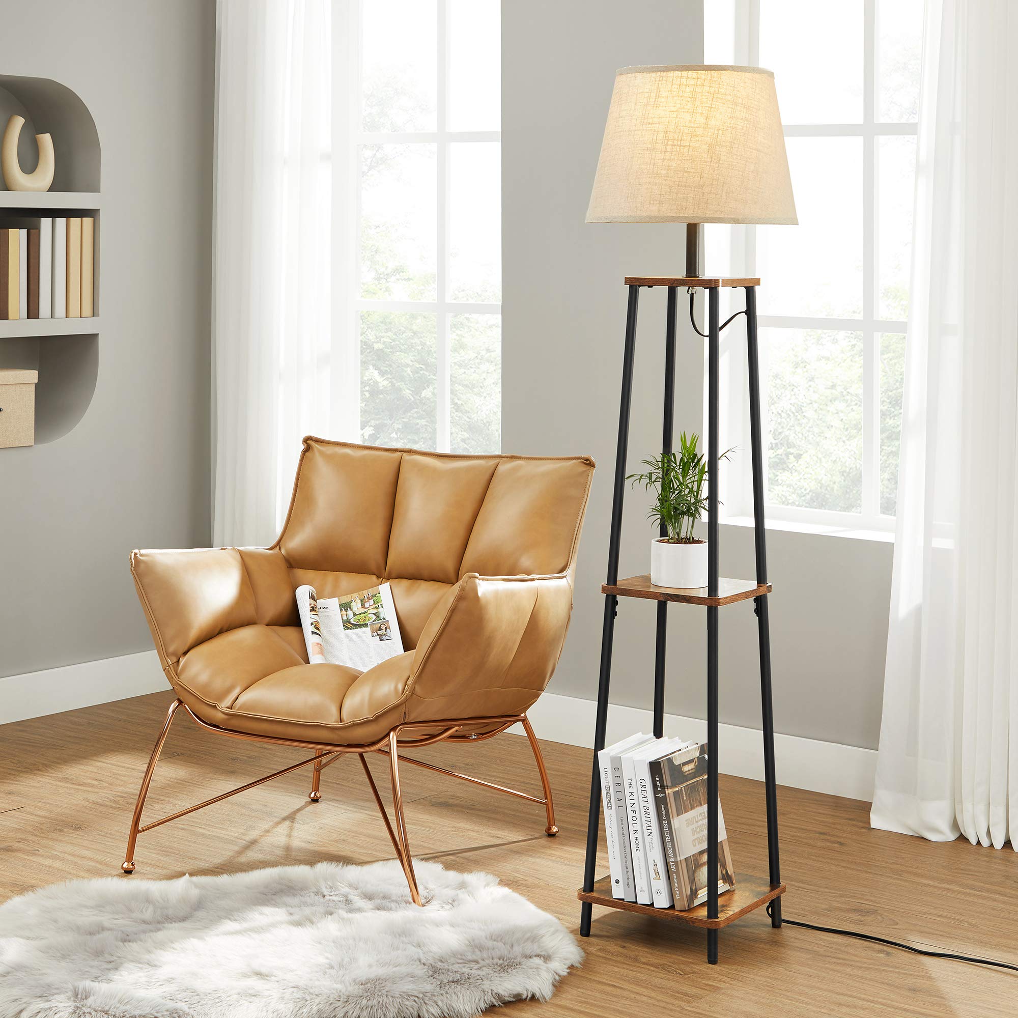 VASAGLE Floor Lamp with Shelves, Standing Reading Lamp with Lamp Shade, for Living Room, Bedroom, Bulb Not Included, Rustic Brown and Black ULFL012B01