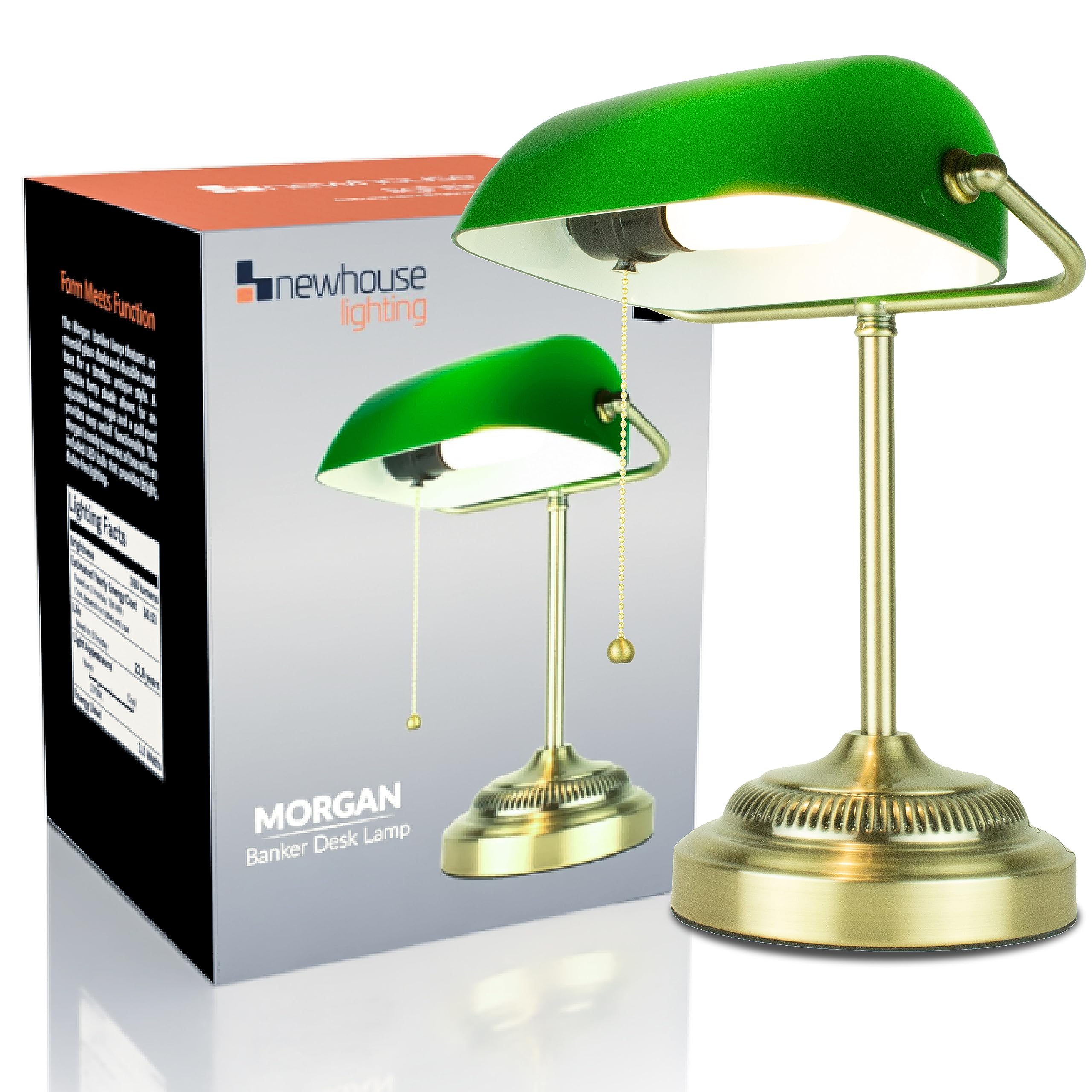 Newhouse Lighting Morgan Antique Green and Brass Glass and Metal Adjustable Energy-Efficient LED Classic Banker Lamp with 1 Free 3.5-Watt LED Bulb Included
