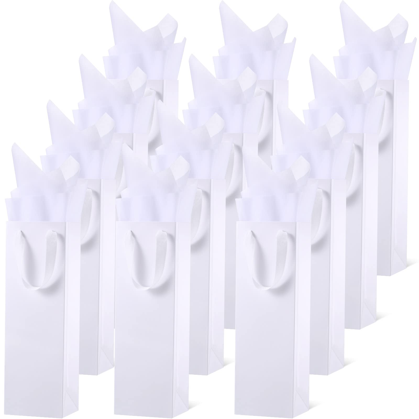 12 Pieces Kraft Wine Bag Paper Wine Bag Wine Bottle Bag Holder with Handles with Kraft Tissue Paper Retail Wine Bag for Christmas Holiday Celebrations Wedding, 4 x 3.5 x 14 Inch(White)