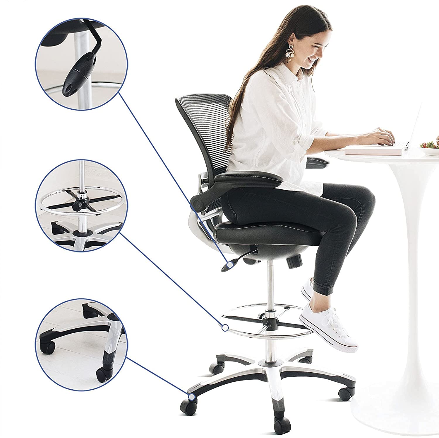 Modway Edge Drafting Chair - Reception Desk Chair - Flip-Up Arm Drafting Chair in Black