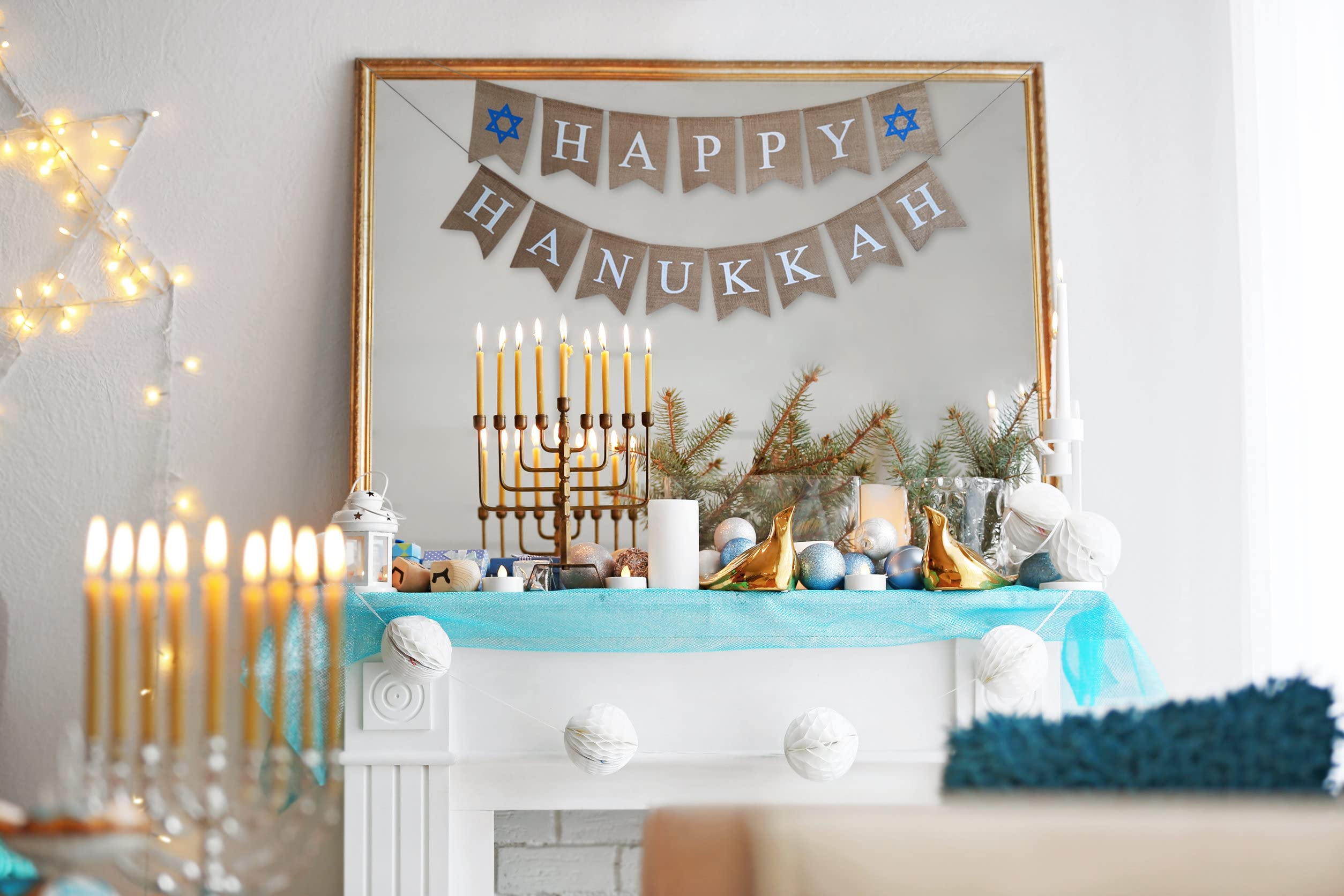 Happy Hanukkah Banner Chanukah Decorations - Judaica Burlap Party Garland Bunting - Ready to Hang Hanukkah Garland - Festive Decor Photo Prop Backdrop by Jolly Jon