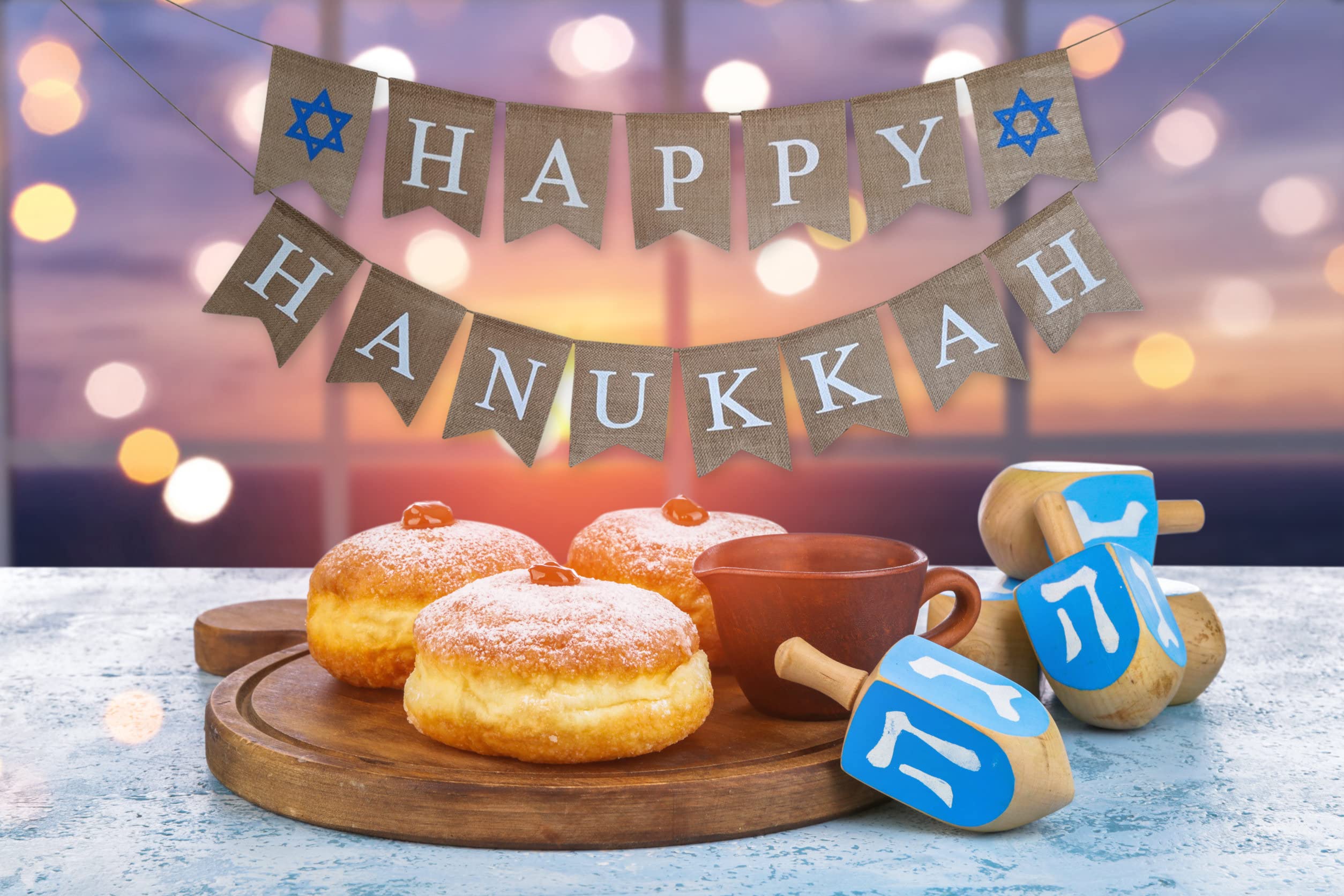 Happy Hanukkah Banner Chanukah Decorations - Judaica Burlap Party Garland Bunting - Ready to Hang Hanukkah Garland - Festive Decor Photo Prop Backdrop by Jolly Jon