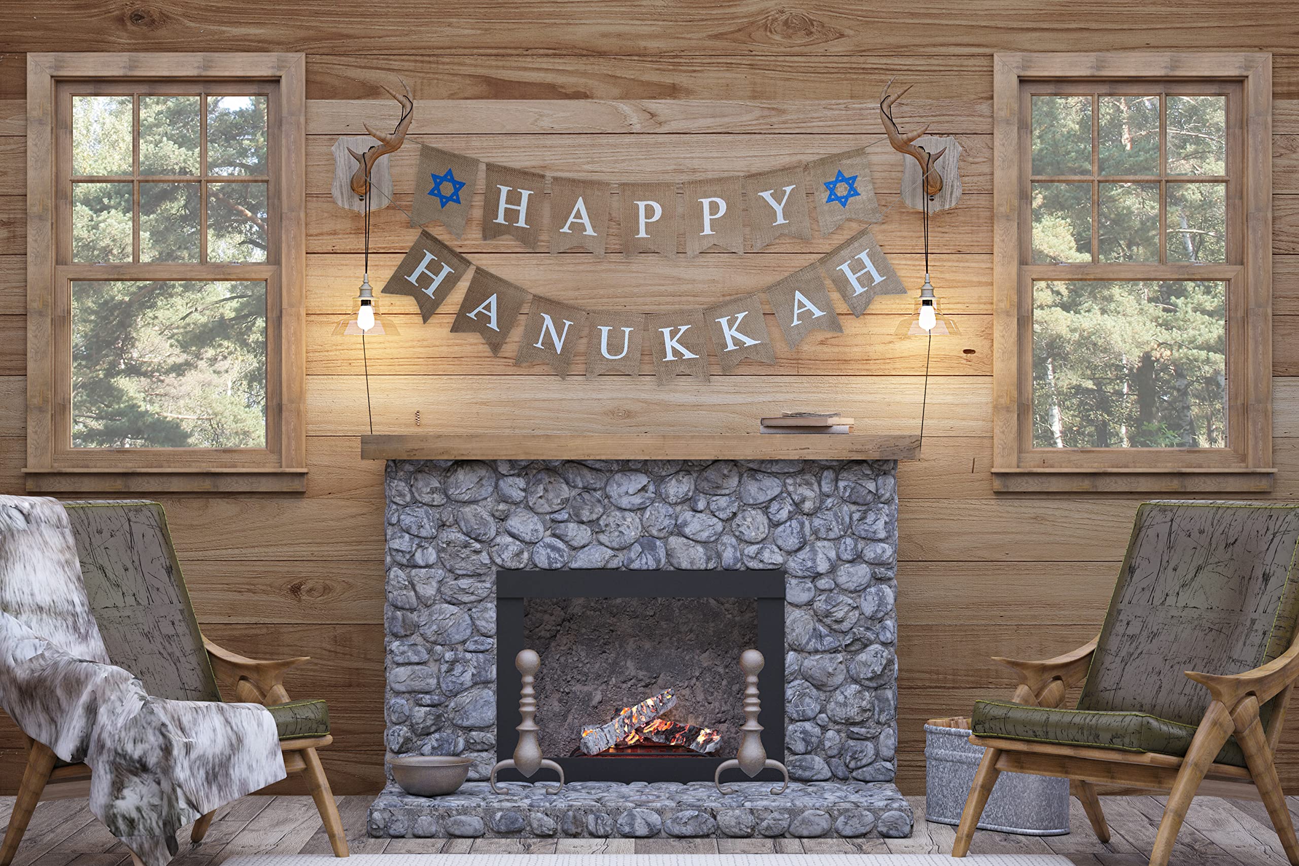 Happy Hanukkah Banner Chanukah Decorations - Judaica Burlap Party Garland Bunting - Ready to Hang Hanukkah Garland - Festive Decor Photo Prop Backdrop by Jolly Jon