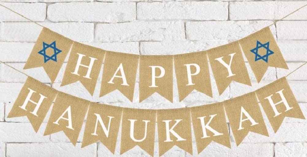 Happy Hanukkah Banner Chanukah Decorations - Judaica Burlap Party Garland Bunting - Ready to Hang Hanukkah Garland - Festive Decor Photo Prop Backdrop by Jolly Jon