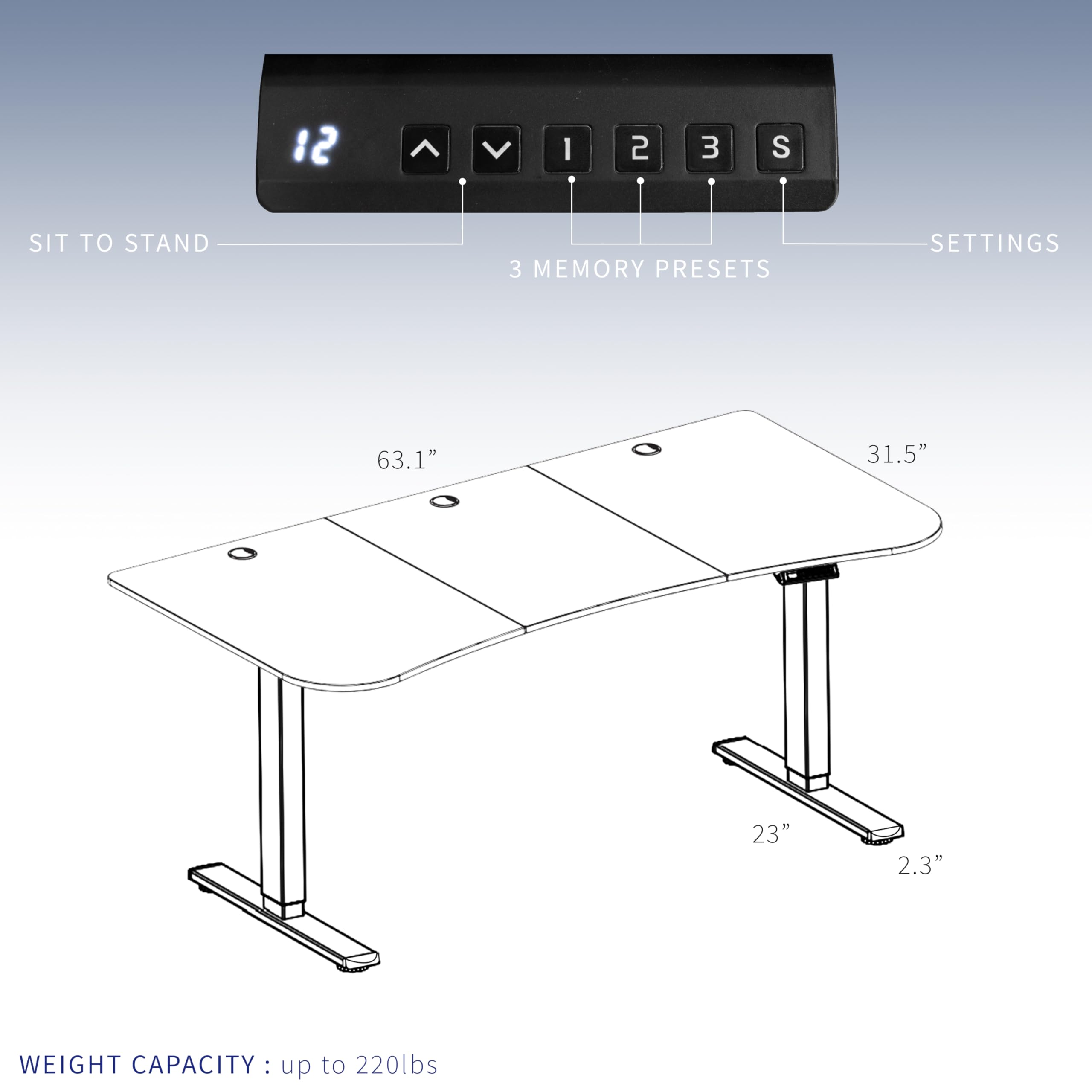 VIVO Electric Dual Motor Height Adjustable 63 x 32 inch Stand Up Desk, Complete Active Workstation, 3 Part Table Top, Black Frame, Memory Controller, DESK-KIT-E2B1B