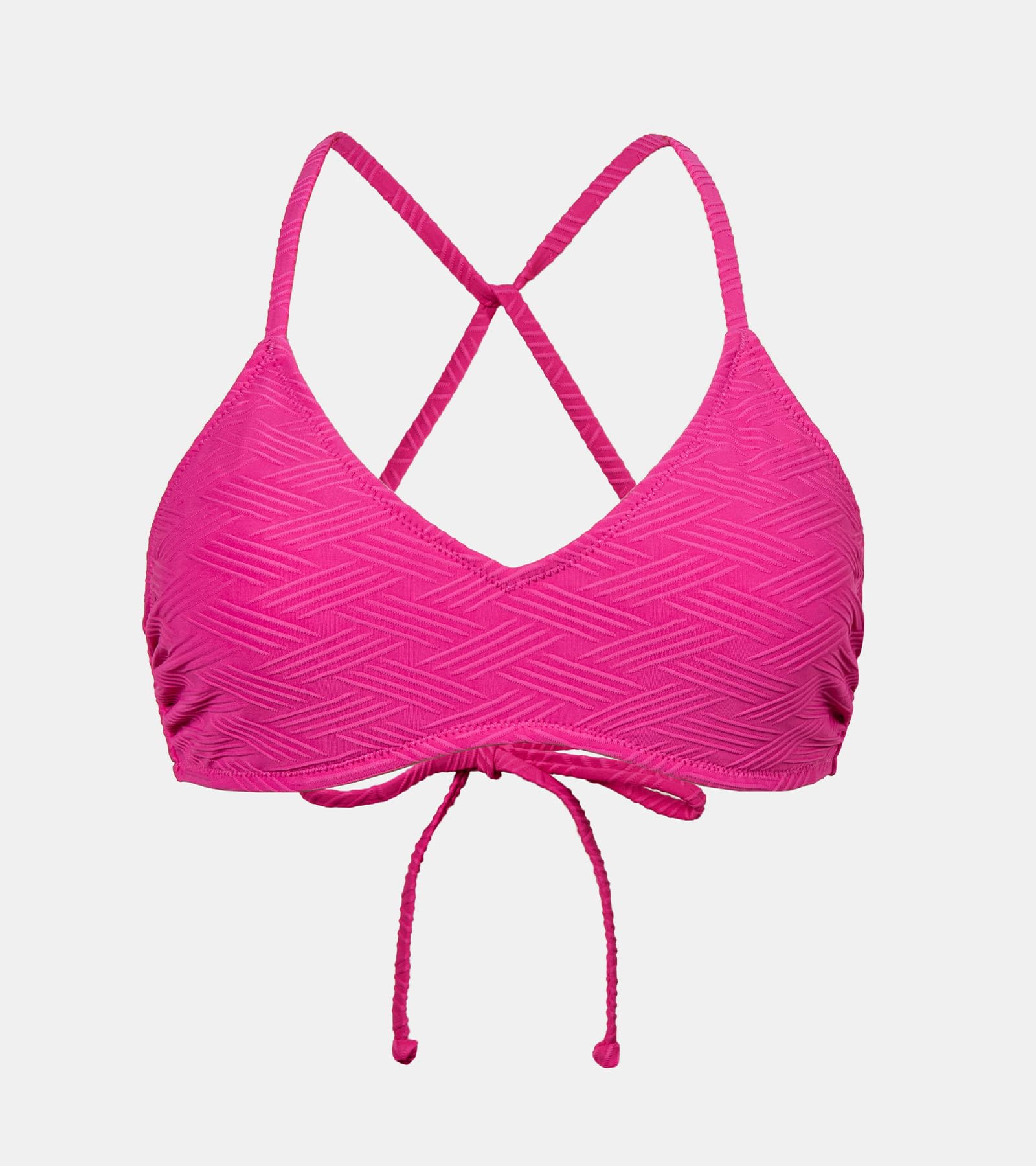 CUPSHE Women Swimsuit Bikini Top Textured Self Tie Crisscross Back Bathing Suit, S Neon Pink