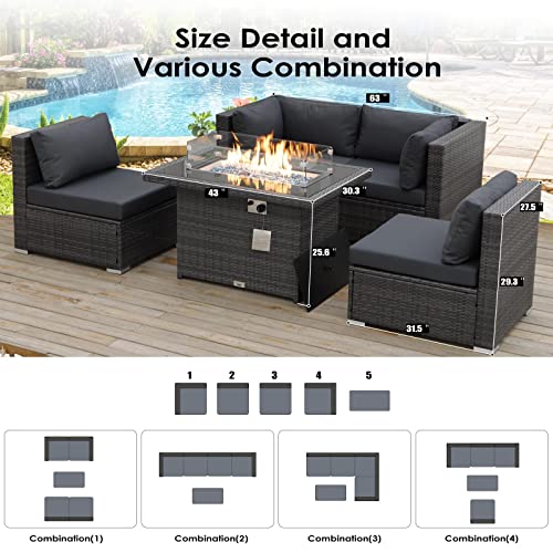 RADIATA 5 Piecess PE Wicker Patio Furniture Set Sectional High Back Large Size Sofa Sets with Propane Fire Pit Table 55000 BTU Balcony Backyard Rattan Conversation Sets for Outdoor(Dark Gray)