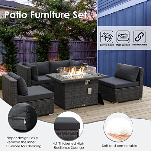 RADIATA 5 Piecess PE Wicker Patio Furniture Set Sectional High Back Large Size Sofa Sets with Propane Fire Pit Table 55000 BTU Balcony Backyard Rattan Conversation Sets for Outdoor(Dark Gray)