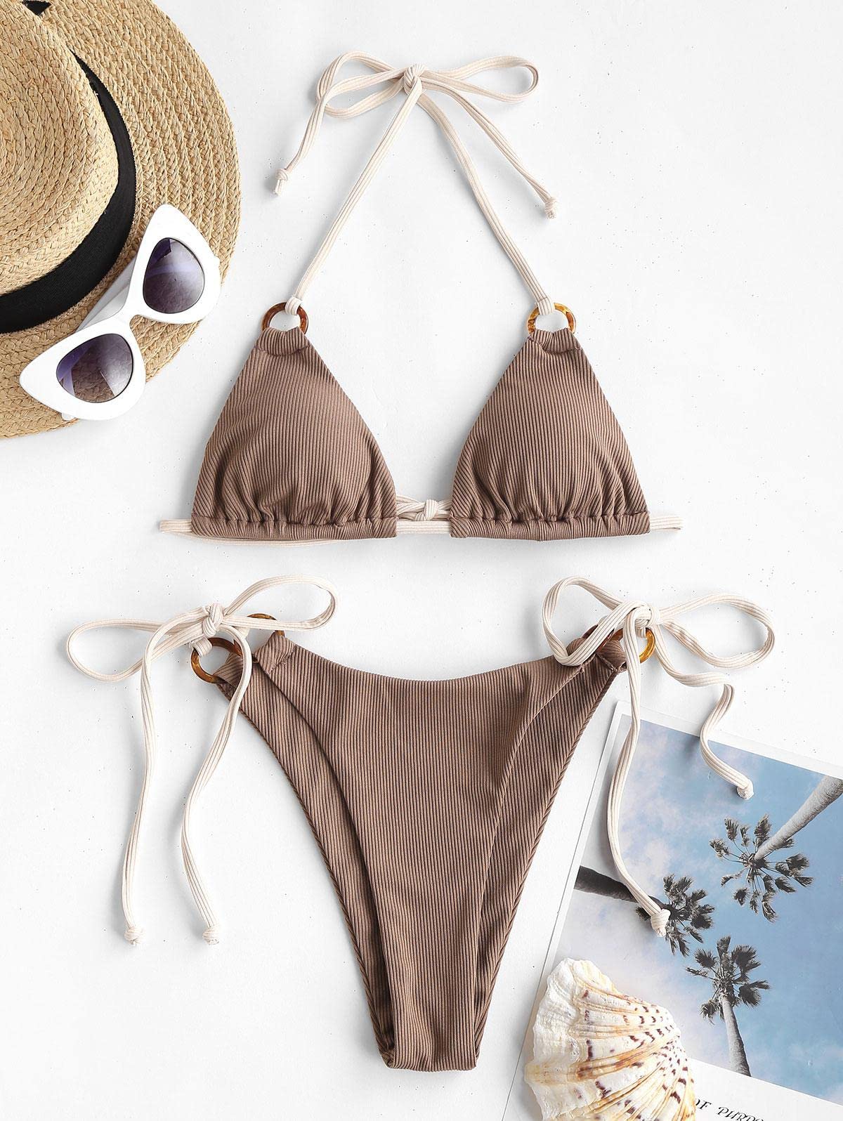 ZAFUL Women's Ribbed O Ring Contrast Strap String Bikini Swimwear