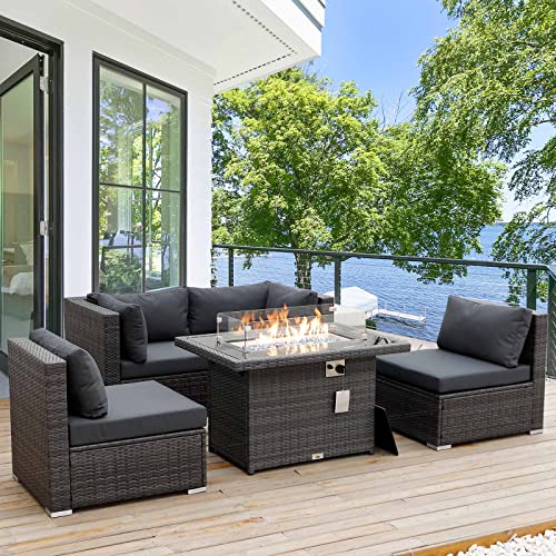 RADIATA 5 Piecess PE Wicker Patio Furniture Set Sectional High Back Large Size Sofa Sets with Propane Fire Pit Table 55000 BTU Balcony Backyard Rattan Conversation Sets for Outdoor(Dark Gray)