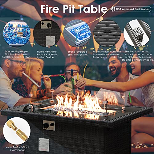 RADIATA 5 Piecess PE Wicker Patio Furniture Set Sectional High Back Large Size Sofa Sets with Propane Fire Pit Table 55000 BTU Balcony Backyard Rattan Conversation Sets for Outdoor(Dark Gray)
