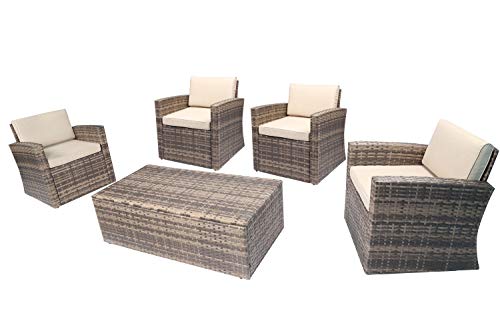 Baner Garden A170 5 Piece Outdoor Sofa Rattan Pool Patio Garden Set with Coffee Table and Beige Cushions, Wicker, Mixed Brown/Gray
