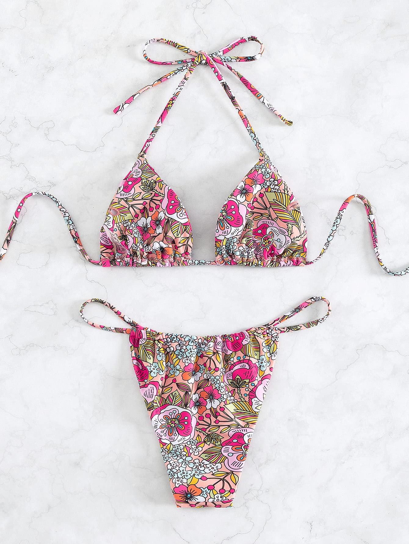 WDIRARA Women's 2 Piece Set Floral Print Tie Backless Swimwear Halter Bikini Swimsuit Floral Pink L