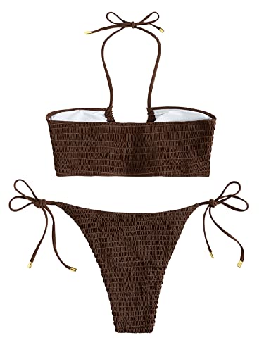SweatyRocks Women's 2 Piece Bathing Suit Ribbed Tie Side Halter Bikini Swimsuit Coffee Brown M