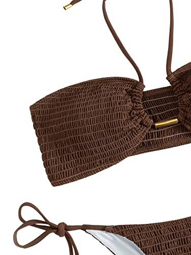 SweatyRocks Women's 2 Piece Bathing Suit Ribbed Tie Side Halter Bikini Swimsuit Coffee Brown M