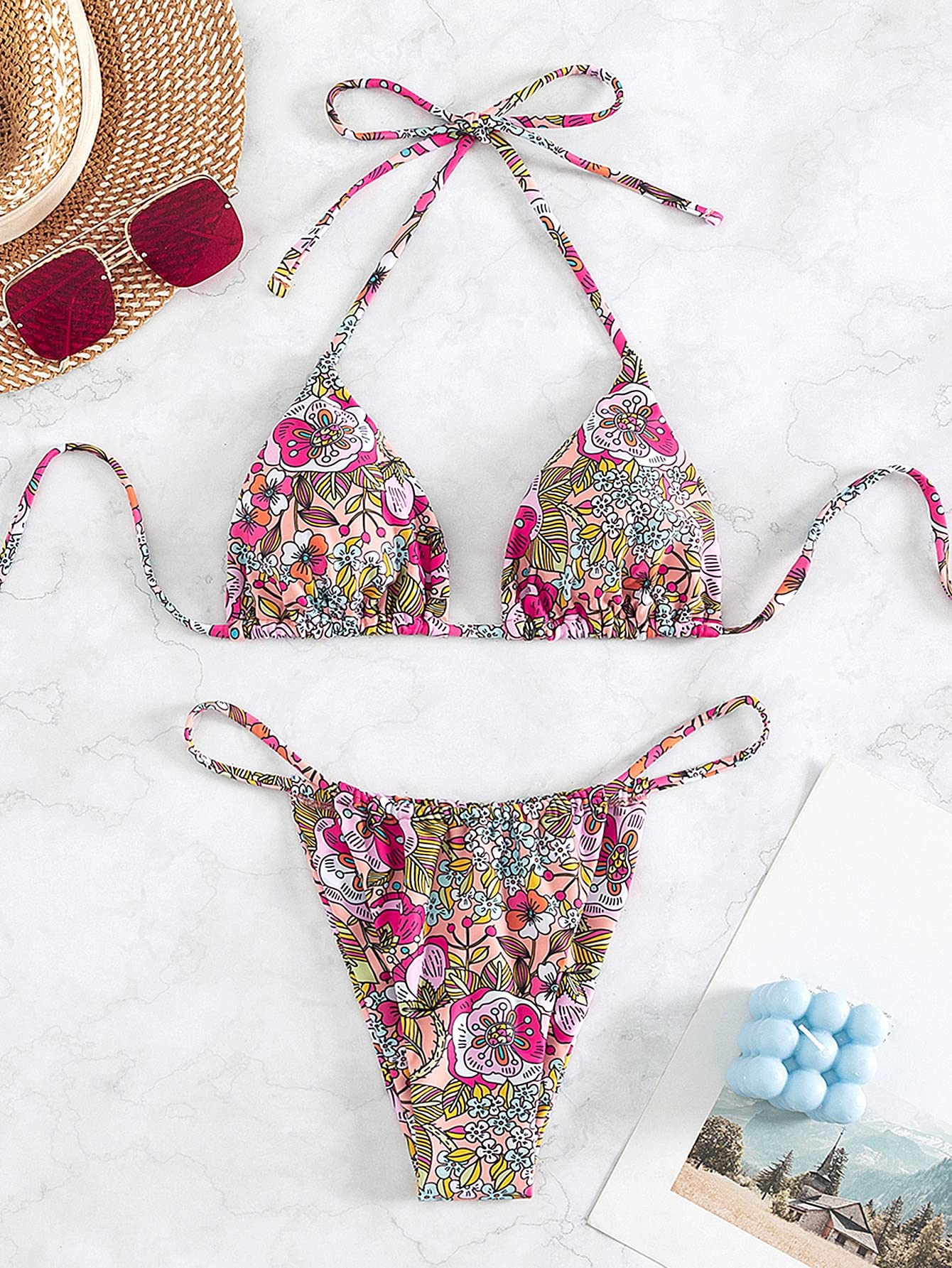 WDIRARA Women's 2 Piece Set Floral Print Tie Backless Swimwear Halter Bikini Swimsuit Floral Pink L
