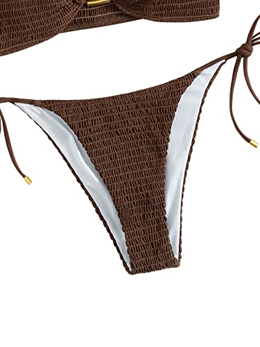 SweatyRocks Women's 2 Piece Bathing Suit Ribbed Tie Side Halter Bikini Swimsuit Coffee Brown M