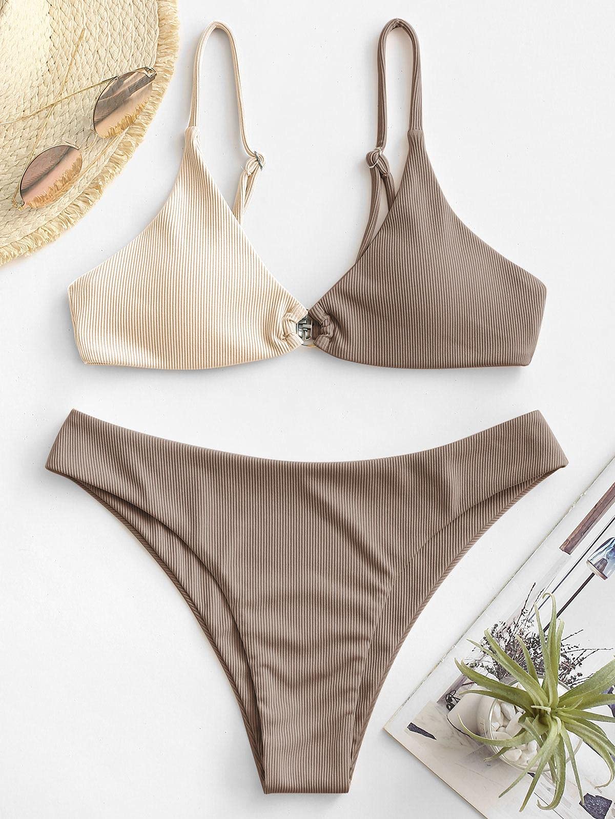 ZAFUL Women's Ribbed O-Ring String Bikini Swimsuit Cheeky Thong Swimwear Two Pieces Bathing Suit