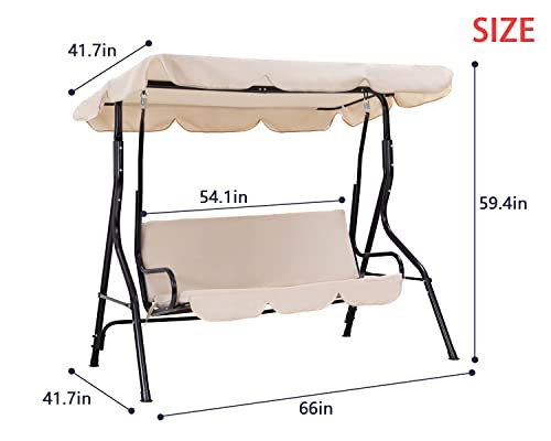 Outdoor Swing Patio Swing with Canopy Backyard Outdoor Swing Chair with Removable Cushions Adjustable Tilt Canopy Comfortable Armrests Stable Frame for Patio Outdoor Garden Backyard Beige