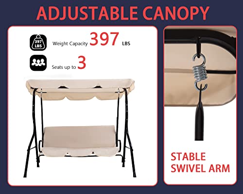 Outdoor Swing Patio Swing with Canopy Backyard Outdoor Swing Chair with Removable Cushions Adjustable Tilt Canopy Comfortable Armrests Stable Frame for Patio Outdoor Garden Backyard Beige