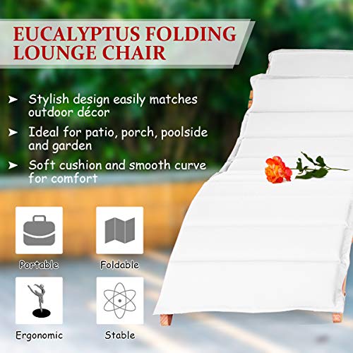 Tangkula 3 Pcs Folding Patio Solid Eucalyptus Wood Lounge Chair Set, Outdoor Lounger Chair w/Foldable Side Table, Double-Sided Cushion Lounger Chairs Set for Garden Lawn Backyard(Red & White)