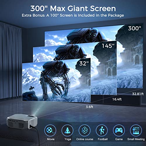 FUDONI Projector with 5G WiFi and Bluetooth, 10000L Native 1080P Portable Outdoor Video Projector 4K Supported, Home Theater Movie Projector with Screen for Phone/PC/TV Stick/PS5