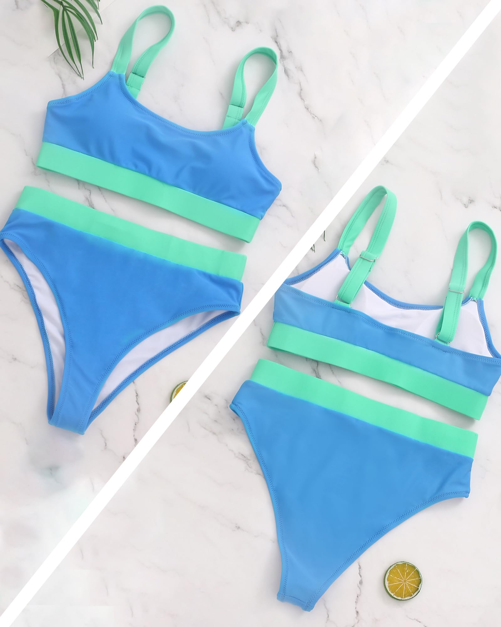 ZINPRETTY Women High Waisted Bikini Sets Color Block Swimsuits 2 Piece Bathing Suits Tummy Control Sporty Teens
