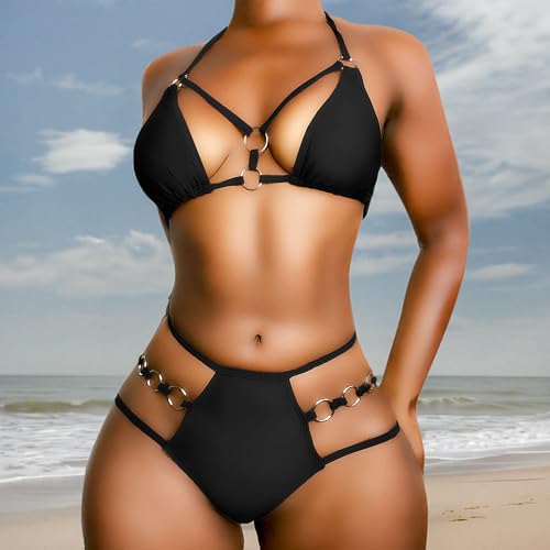 EJsoyo Womens Sexy Thong Bikini Swimsuits String Push up Padded Bathing Suit 2 Piece Cheeky Swimwear with Metal Ring (Large, Black)