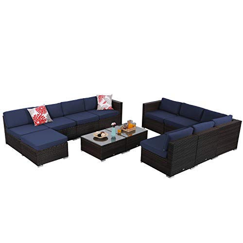 Sophia & William Outdoor Patio Furniture Set 12 Piece Low-Back Rattan Wicker Sectional Sofa Patio Conversation Set, Navy Blue