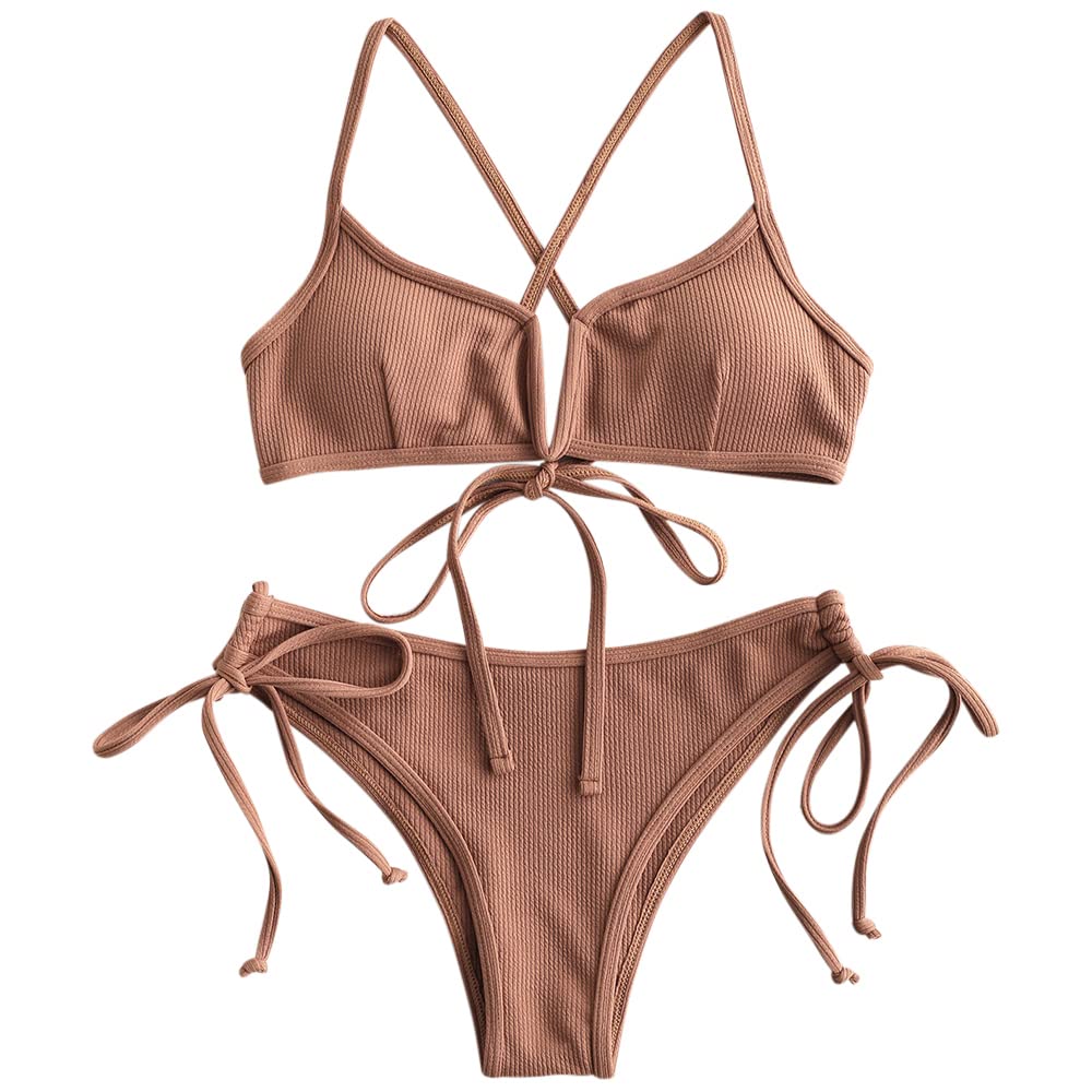 ZAFUL Women's High Cut Bikini Sets Ribbed V-Wire Cami Bikini Two Piece Swimsuit (3-Light Brown, M)