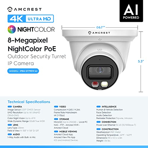 Amcrest UltraHD 4K (8MP) IP PoE AI Camera, 49ft Nightcolor, Security Outdoor Turret Camera, Built-in Microphone, Human Detection, Active Deterrent, 129° FOV, 4K@15fps IP8M-2779EW-AI (White)