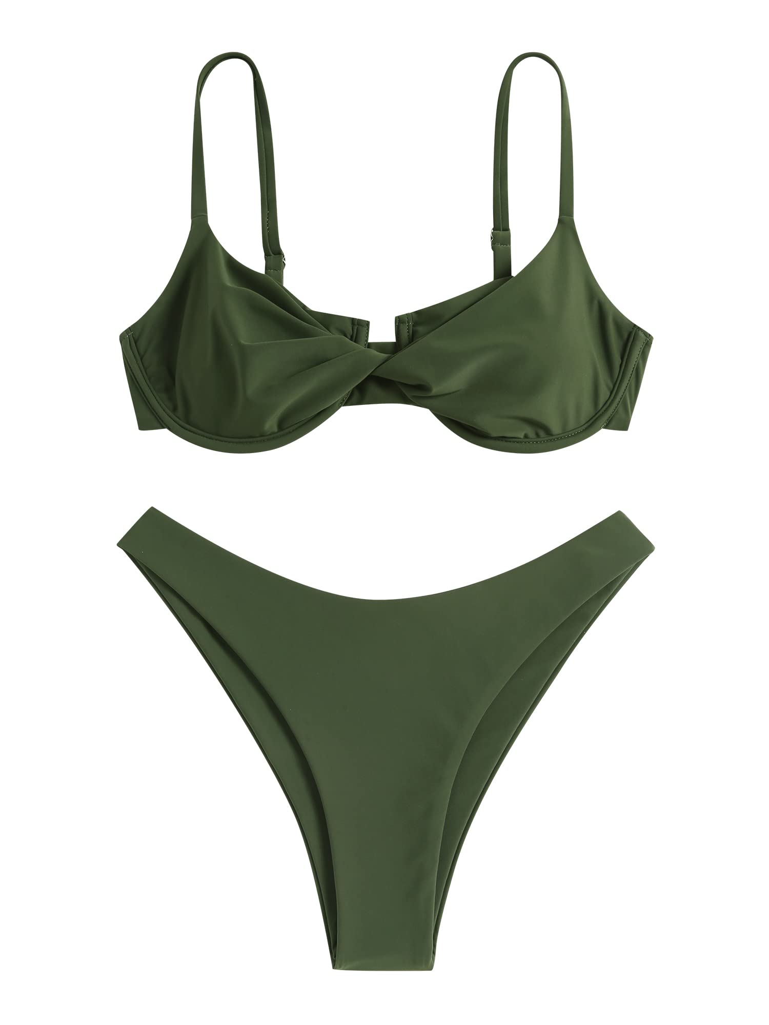 ZAFUL Women's Twist Front Bikini Sets Underwire Tie Back Bikini High Waisted Two Piece Swimsuit (1-Olive Green, M)